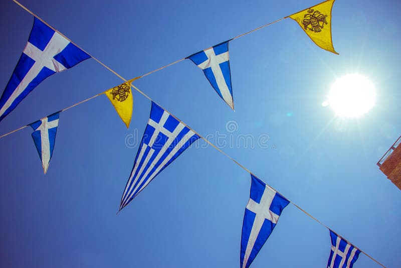 Waving Greek Flag on Viewing Platform in Santorini Stock Image - Image ...