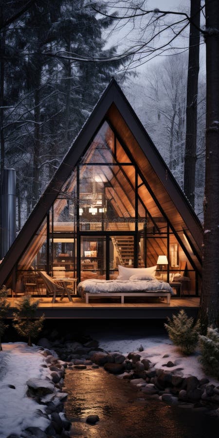 Triangular House in the Winter Forest. Frame House Made Stone and Wood ...