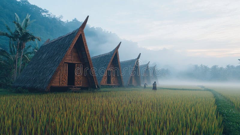 Triangular Houses in a Rice Field with a Misty Mountain Backdrop Stock ...