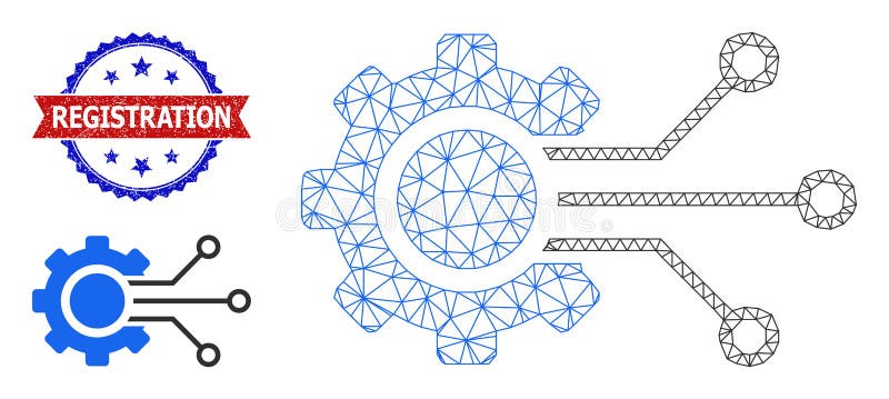 Triangular Mesh Digital Sensor Cog Icon and Grunge Bicolor Registration ...