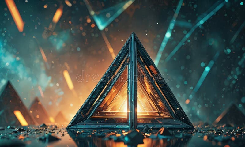 Triangular Metallic Structure with Glowing Orange Interior Stands ...