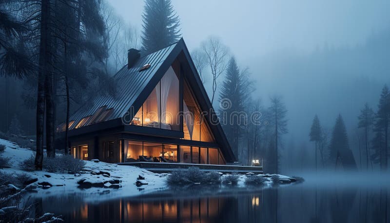 Triangular Modern Lake House in a Misty Forest at Night in Winter Scene ...