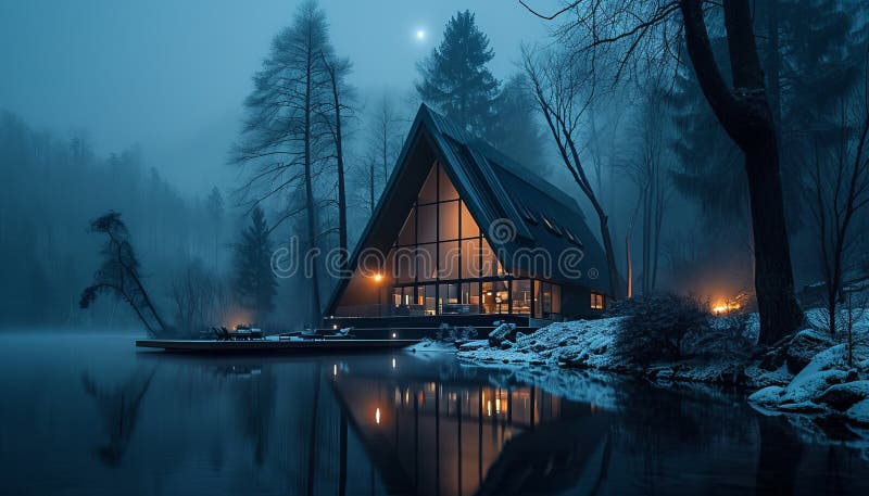 Triangular Modern Lake House in a Misty Forest at Night in Winter Scene ...