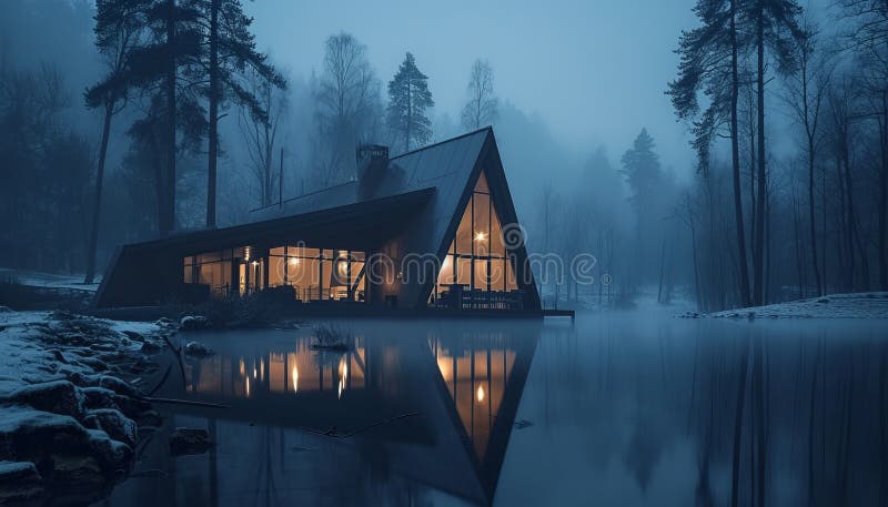 Triangular Modern Lake House in a Misty Forest at Night in Winter Scene ...