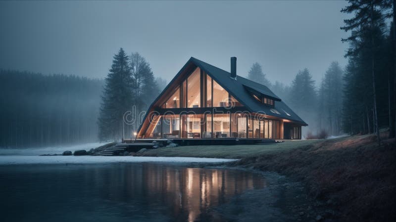 Triangular Modern Lake House in a Misty Forest at Night in Winter Scene ...