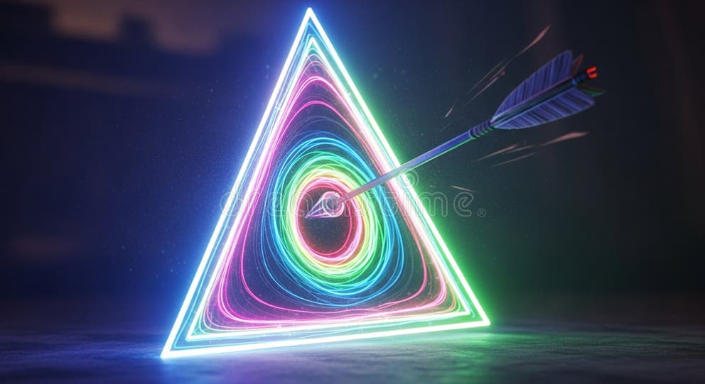 Triangular Neon Light Portal Target with Arrow Hitting Center Stock ...