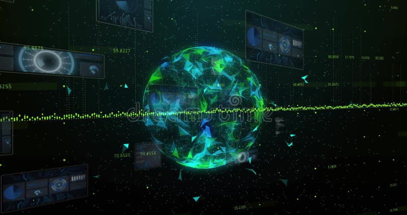 Triangular Network Globe Floating in Dark Void Showing Glowing Data Streams and Chart Panels ...