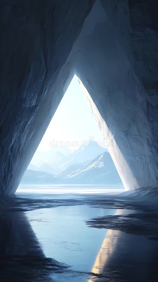 A Triangular Opening Formed by Towering Ice Walls Frames a Distant View ...
