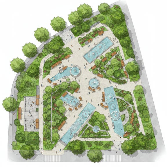 Triangular Park Layout Features Pathways Intersecting Lush Green Spaces ...