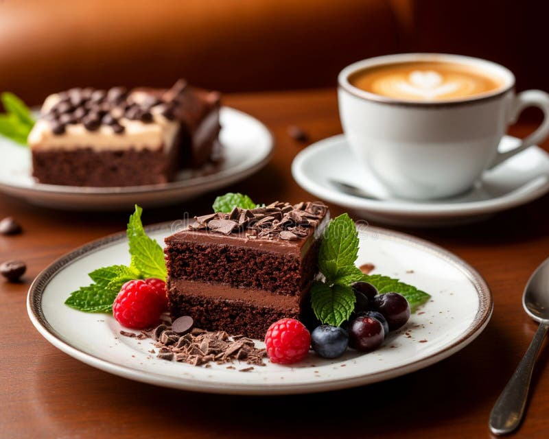 Triangular Piece of Chocolate Cake with Berries and Mint Stock ...