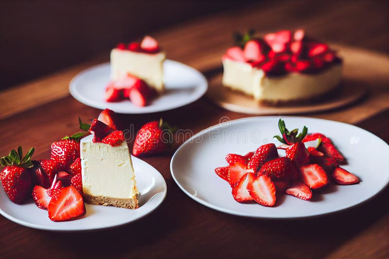 Triangular Pieces of Berry Cheesecake with Strawberry Slices on Cream ...