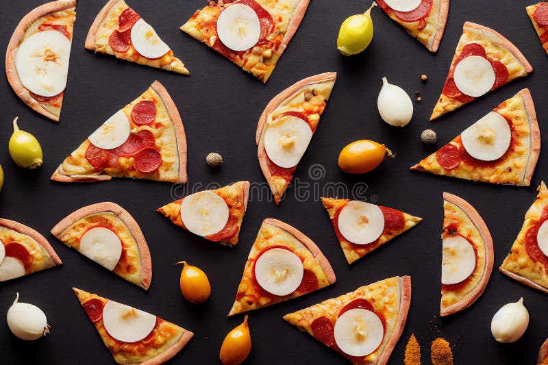 Triangular Pizza Slices with Egg Pattern on Black Background. Stock ...