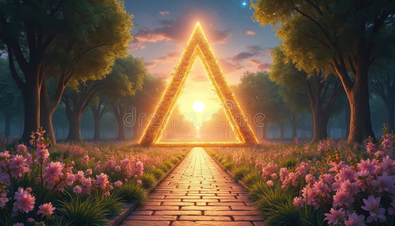 Triangular Portal Leads To Another Dimension. Path through Flower Field ...