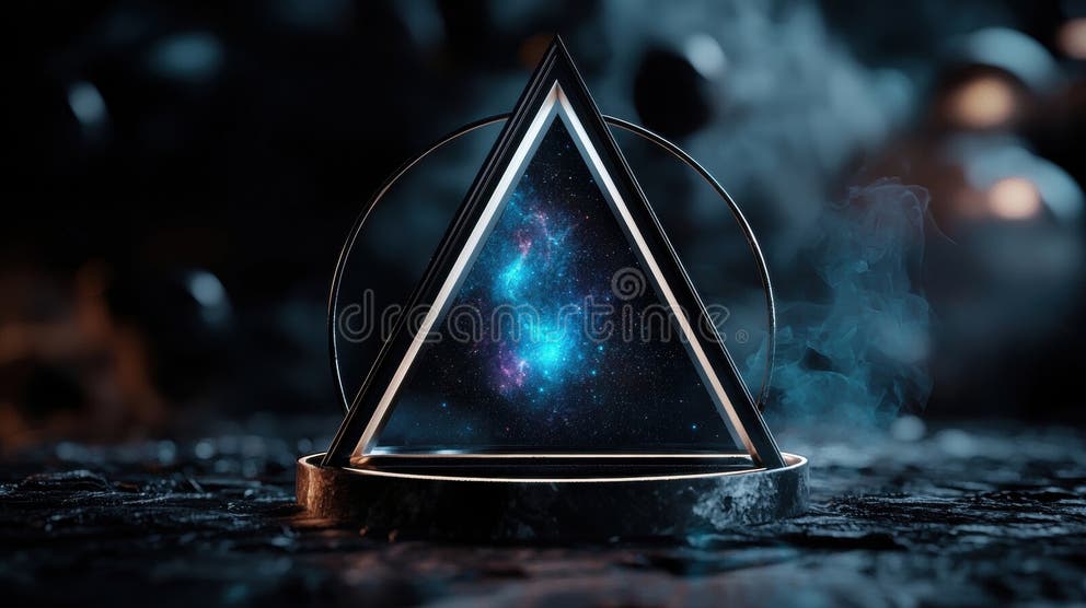 A Triangular Prism with a Blue Galaxy Inside, Set on a Black Platform ...