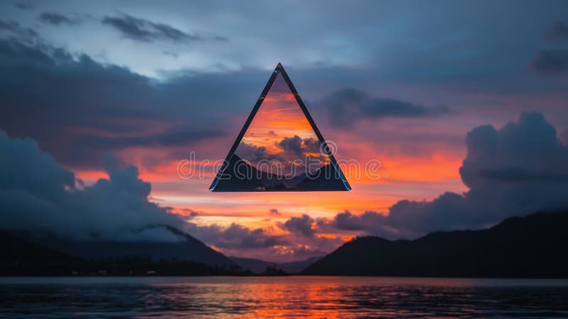 A Triangular Prism with a Sunset Landscape Reflected Inside. Stock ...