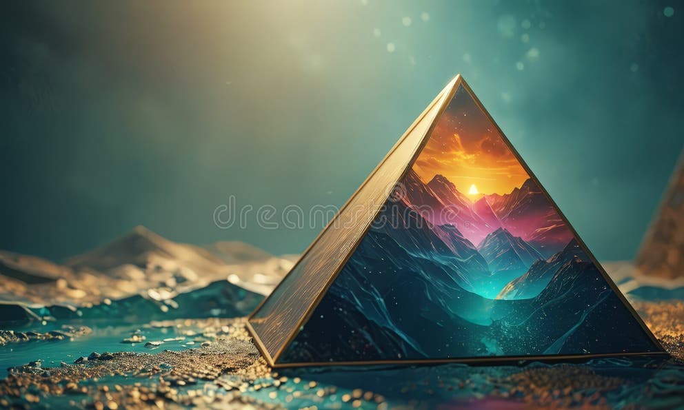 Triangular Pyramid-shaped Object with Vibrant Landscape Scene Inside ...