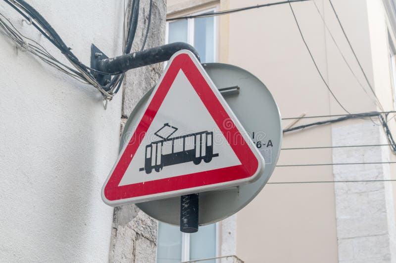 Triangular Red and White Warning Sign of a Tram Stock Photo - Image of ...
