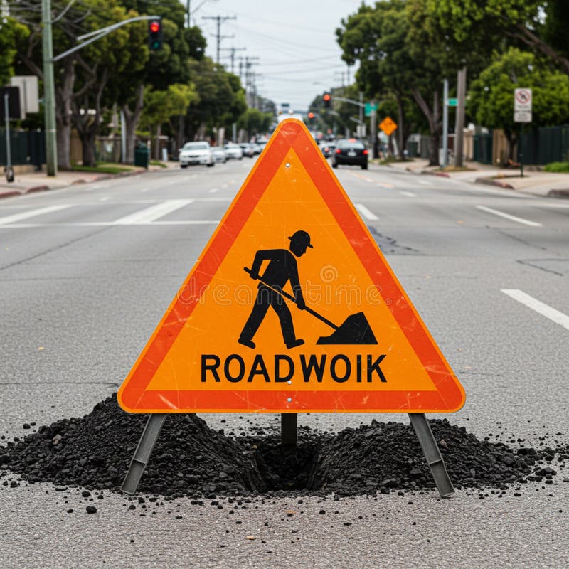 Triangular Roadwork Sign with the Text "ROADWOIK" Displayed Prominently ...