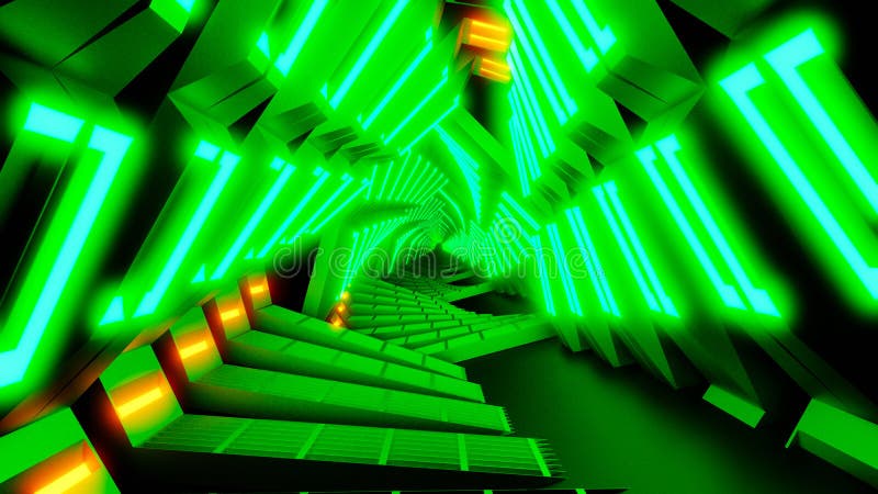 Triangular Rotating Tunnel with Green and Orange Lights. Neon Lights ...