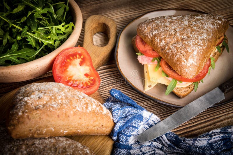 Triangular Sandwich with Cheese, Ham and Tomato. Stock Photo - Image of ...