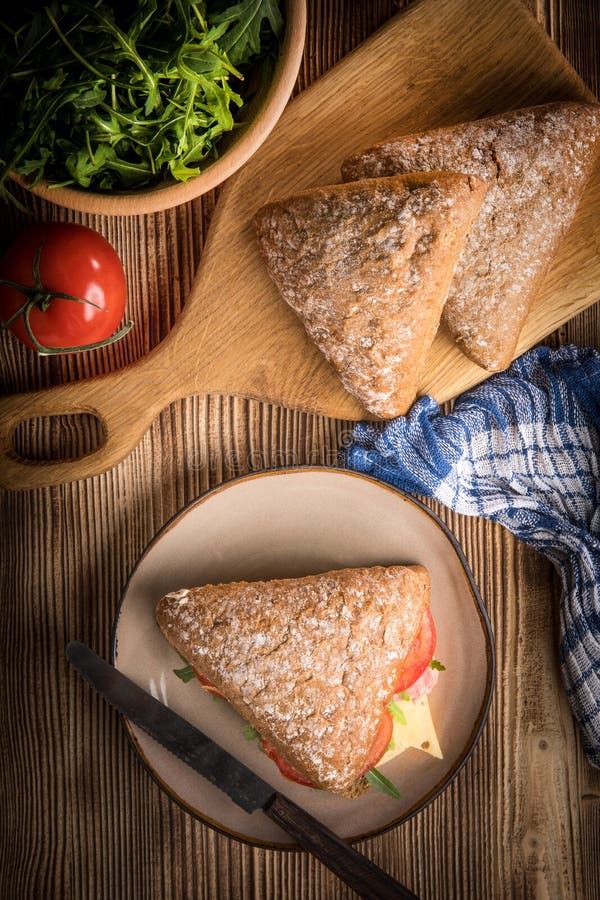 Triangular Sandwich with Cheese, Ham and Tomato Stock Image - Image of ...