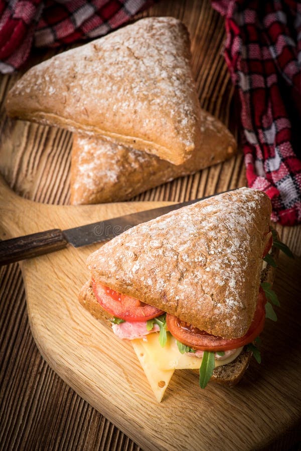 Triangular Sandwich with Cheese, Ham and Tomato. Stock Image - Image of ...