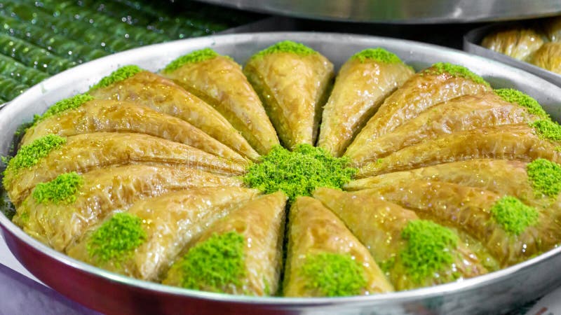 Triangular Shaped Baklava in Round Tray. Turkey Specific Sweet Syrup ...