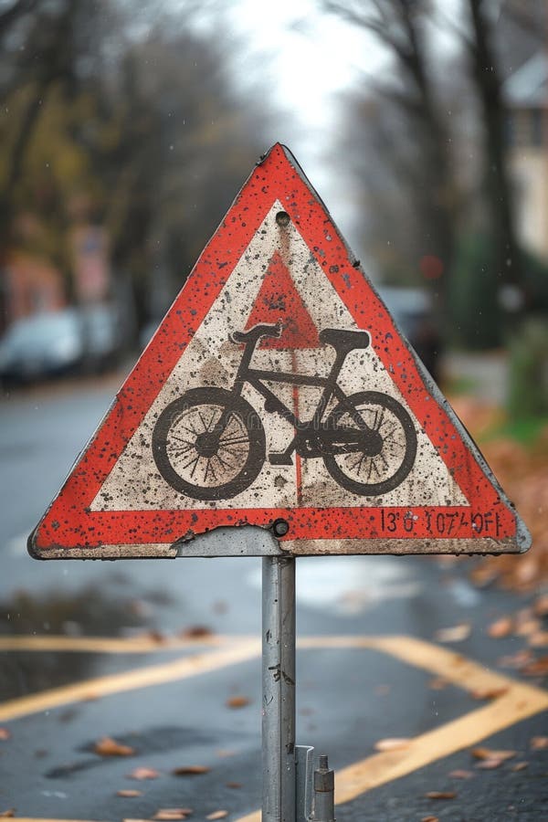 A Triangular Sign with a Bicycle Graphic on a Red and White Background ...
