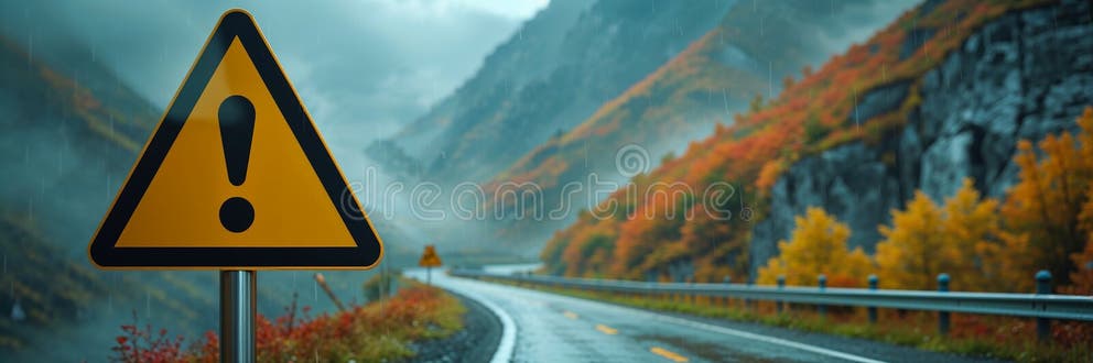 Triangular Sign with Black Exclamation Mark on Road, Autumn Stock ...