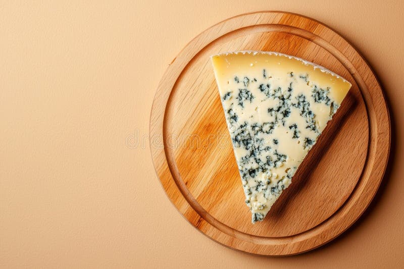 Triangular Slice of Blue Cheese Sits on a Round Wooden Board, Placed on ...