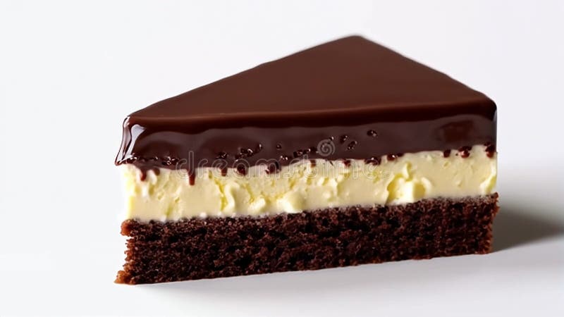 Triangular Slice of Chocolate Layer Cake with Ganache on White ...