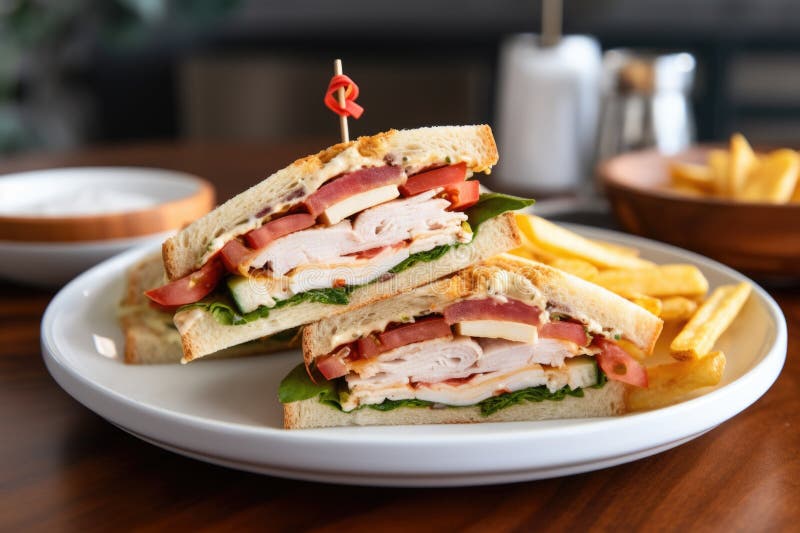 Triangular Sliced Chicken Club Sandwich on a Ceramic Plate Stock ...