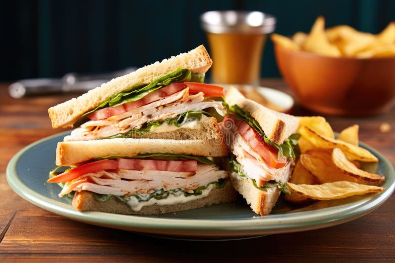 Triangular Sliced Chicken Club Sandwich on a Ceramic Plate Stock ...