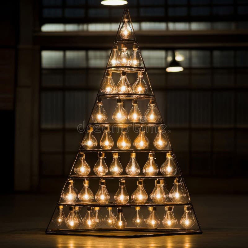 A Triangular Structure of Glowing Light Bulbs Shaped Like a Christmas ...