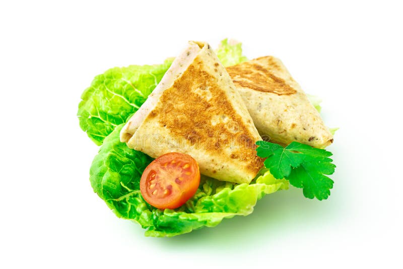Triangular Tortilla with Sausage and Cheese on Green Cabbage Leaf with ...
