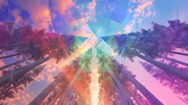 Triangular Tree Trunks Reaching Towards a Triangular Sky Adorned with a ...