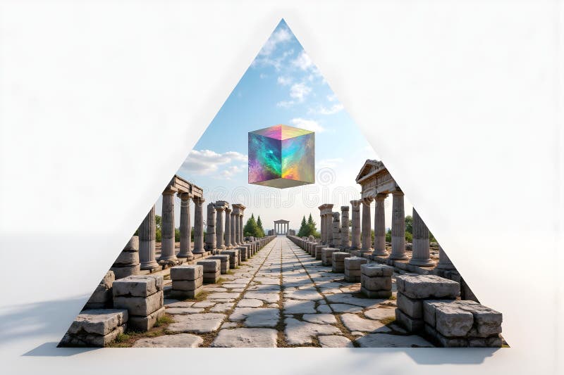Triangular View of Ancient Colonnaded Pathway with Floating Cube Stock ...