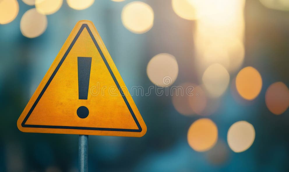 Triangular Warning Sign with Exclamation Mark Against Blurred Lights ...