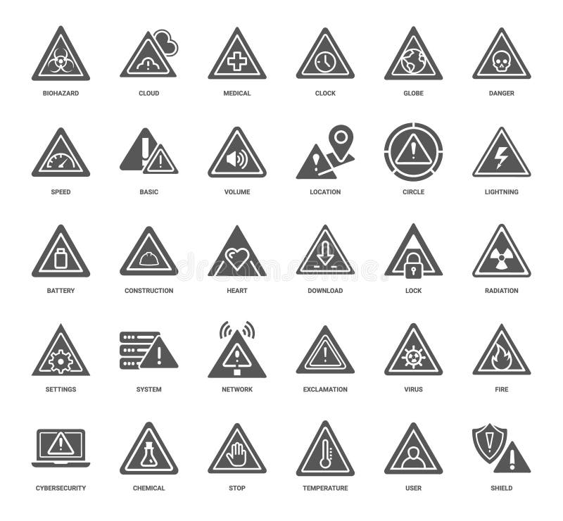 Triangular Warning Signs Hazards Safety Precautions Icon Collection ...