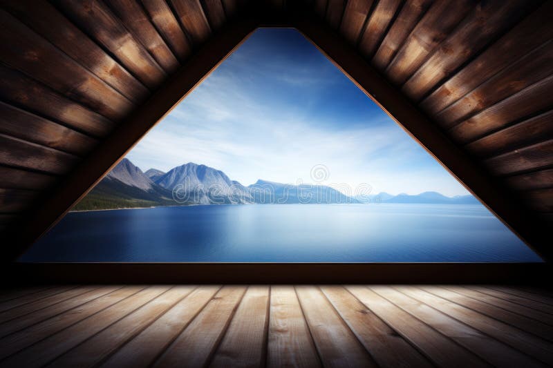 A Triangular Window with a View of a Lake and Mountains Stock ...