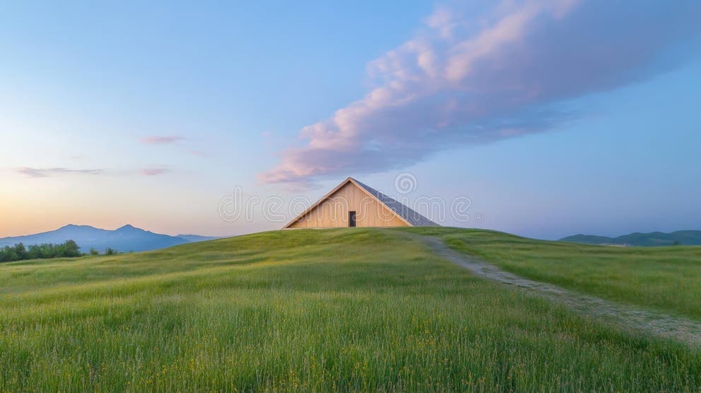 Triangular Wooden Structure in a Lush Green Field at Sunrise Stock ...