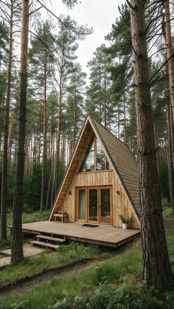 A Triangular Wooden Tiny House with a Terrace in the Pine Forests Stock ...