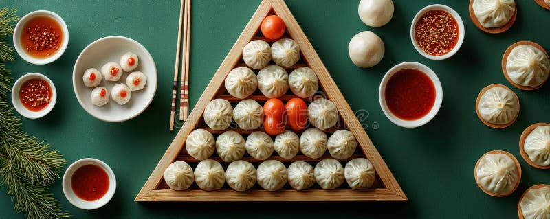 Triangular Wooden Tray of Dim Sum with Sauces and Chopsticks Stock ...