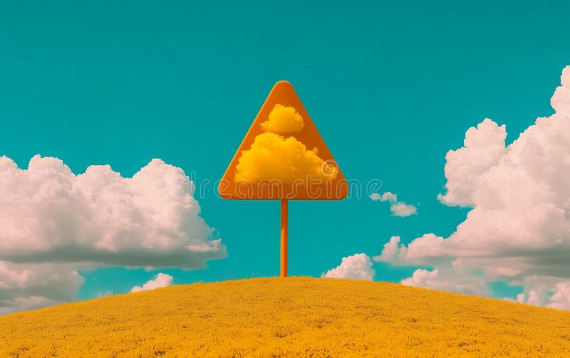 A Triangular Yellow Sign with a Cloud Design in a Grassy Field Under a ...