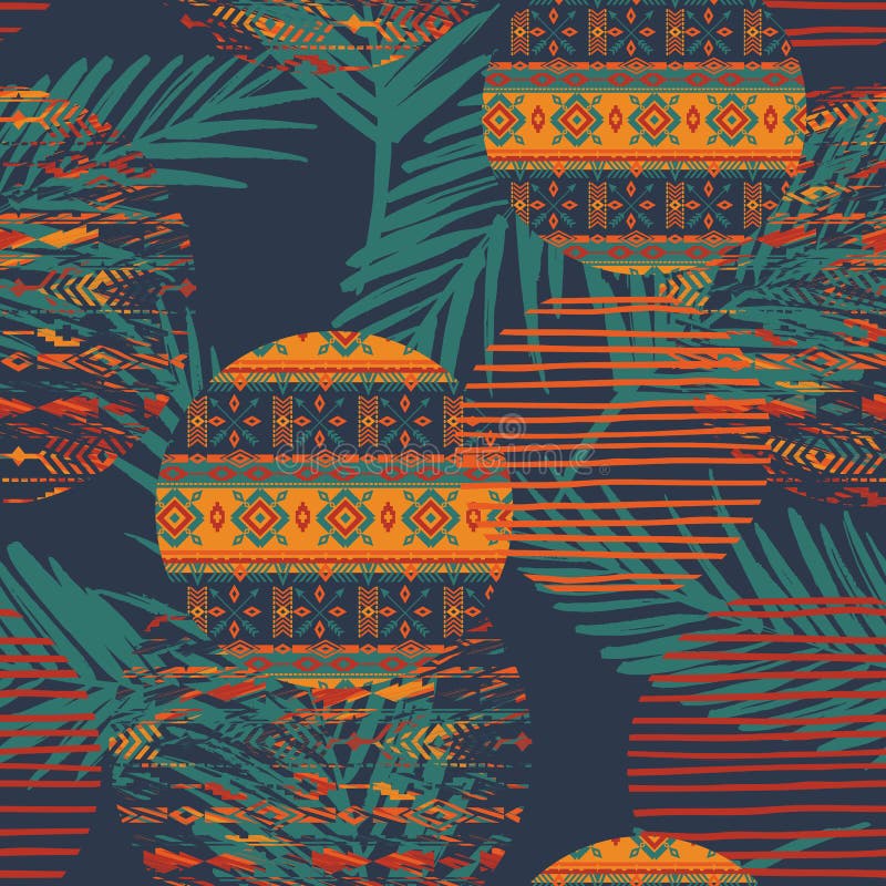 Tribal Ethnic Seamless Pattern with Geometric Elements and Palm Leaves ...