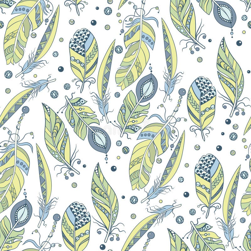 Tribal Native Seamless Pattern With Feathers And Beads In Vector Stock ...