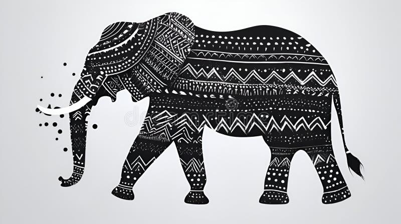 Tribal Pattern Elephant Silhouette Intricate Black Designs Form Animal Shape in White Space ...