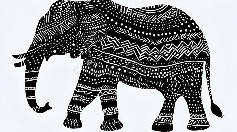 Tribal Pattern Elephant Silhouette Intricate Black Designs Form Animal Shape in White Space ...