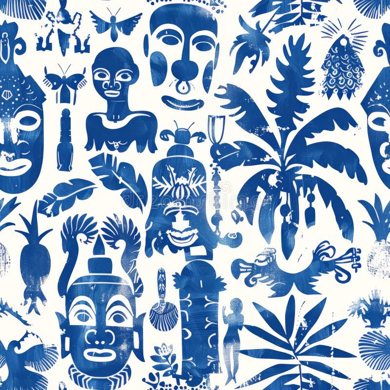 Tribal Patterns and Masks in Blue and White Illustration Stock Photo ...