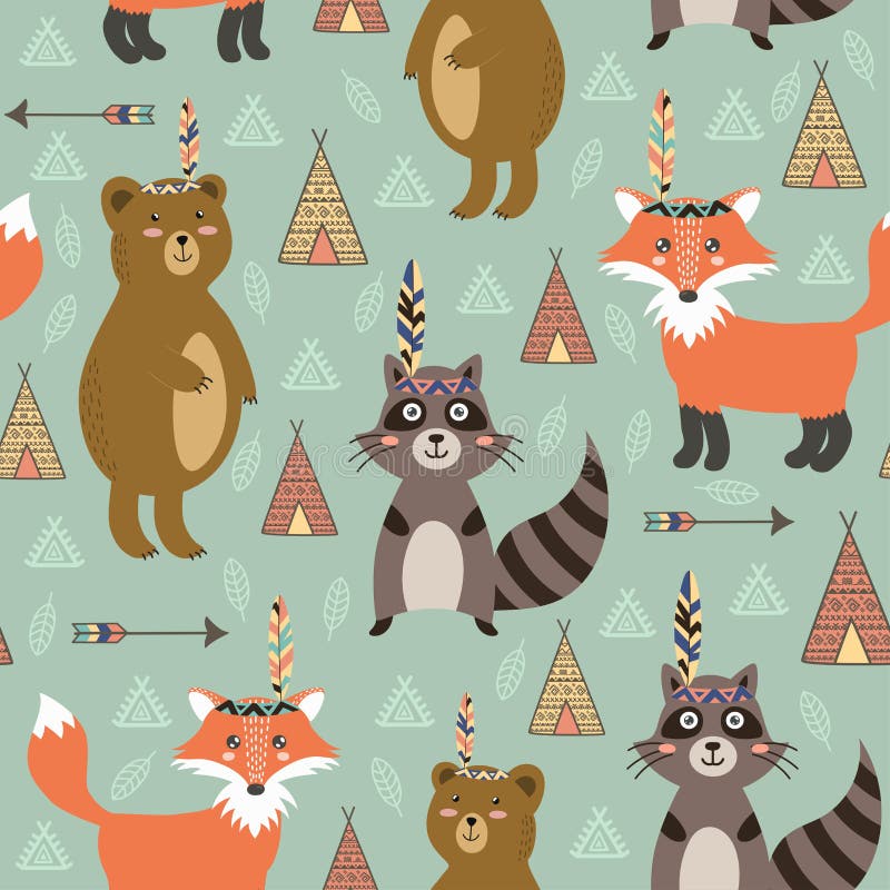 Tribal Seamless Pattern with Cute Animals Stock Vector - Illustration ...
